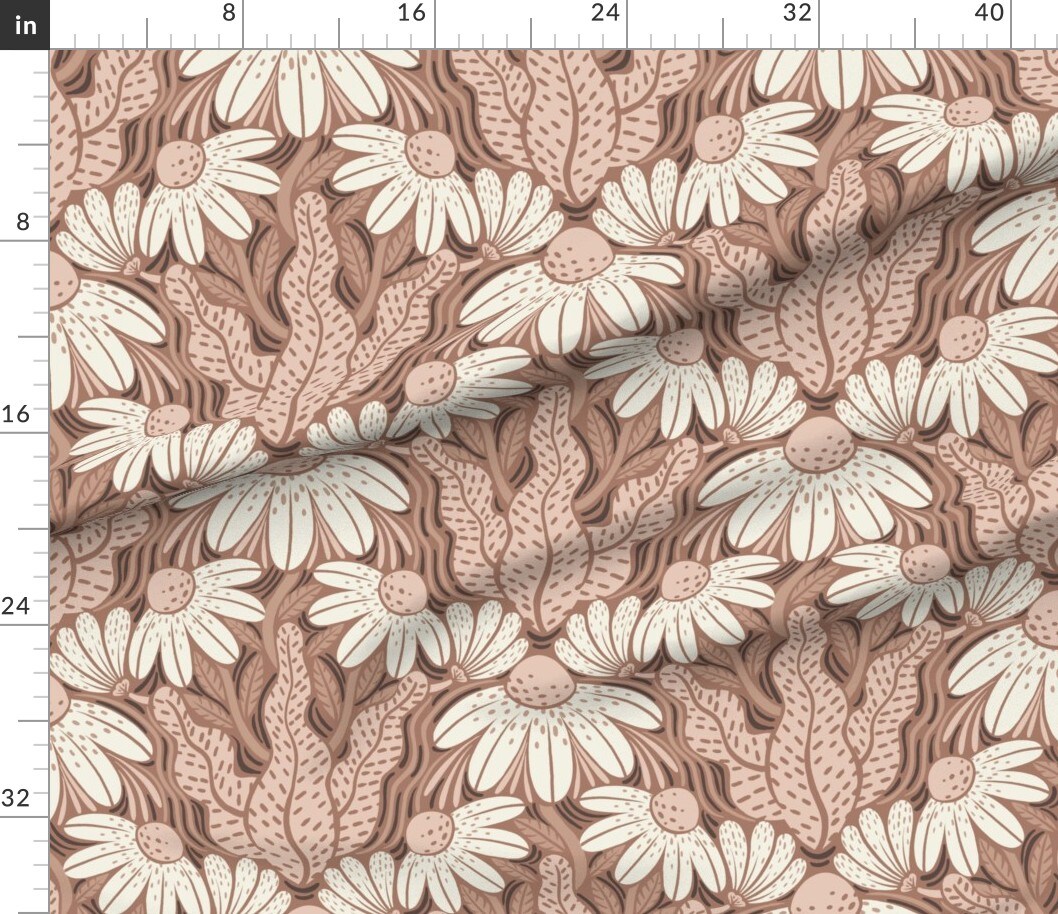 Whimsical Floral Retro Blossom Earth Tone Daisy Dots Leaves Daisies ...