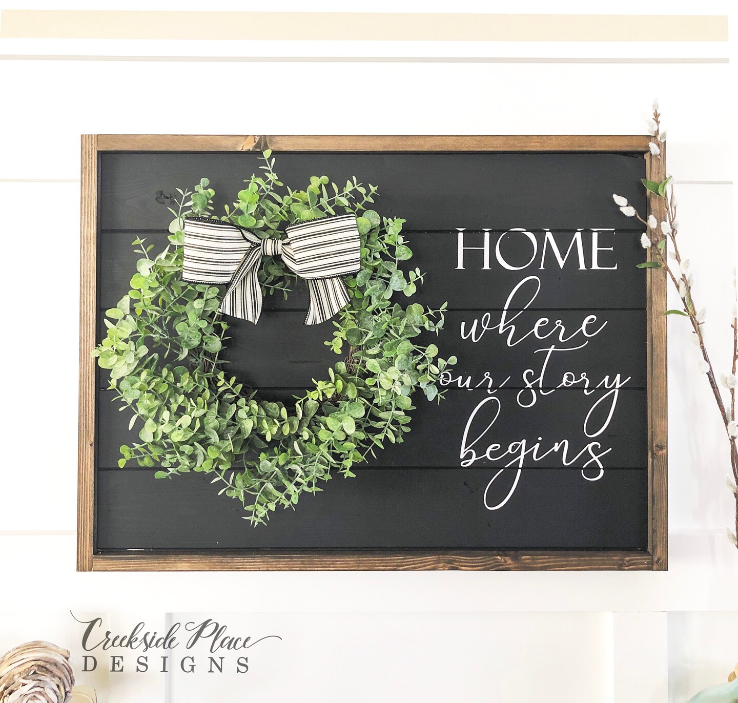 Shiplap Farmhouse Sign with Faux Eucalyptus Wreath, Home Where Our ...