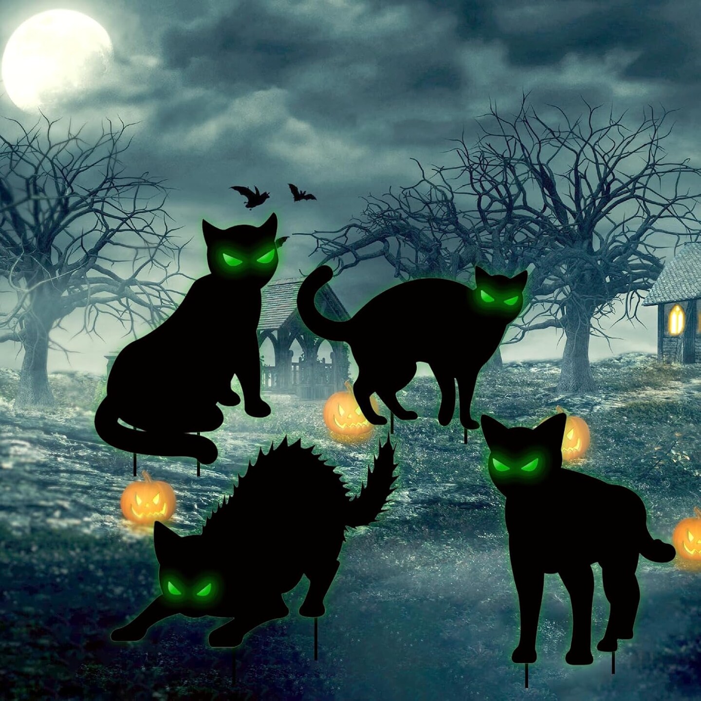 4Pcs Black Cat Yard Sign With Stakes Scary Cat Silhouette &Glow In Dark ...