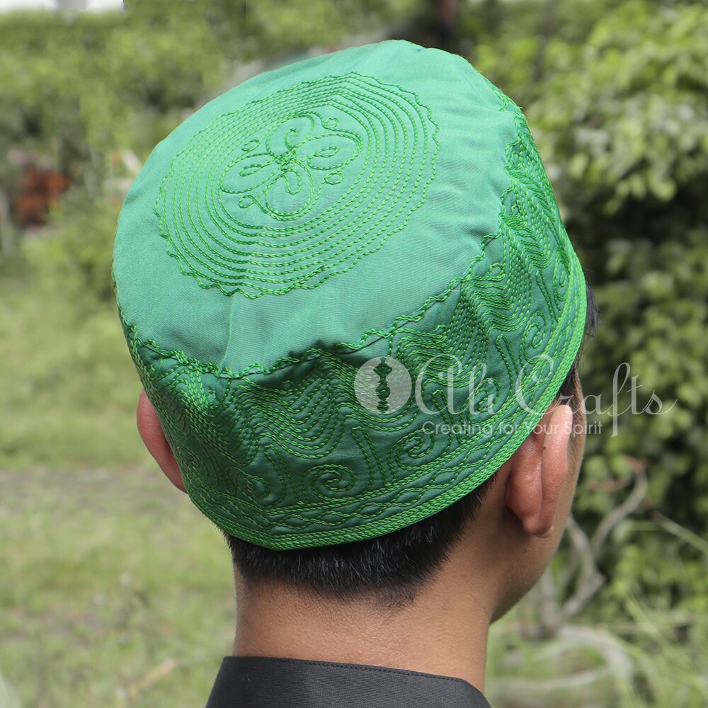 Handcrafted Soft-Cotton Embroidered Islamic Cap - Madinah Green Muslim ...