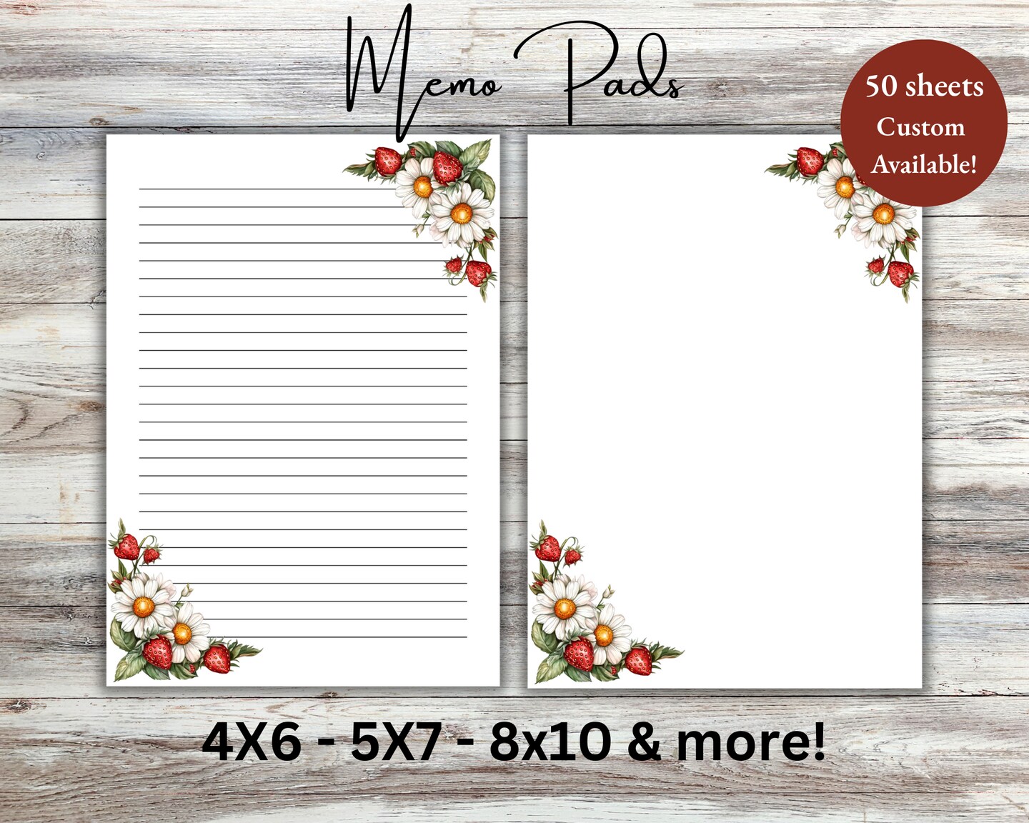 Strawberry and Daisy Notepad: 5x7 Writing Pad, Memo Pads, 50 Sheets ...