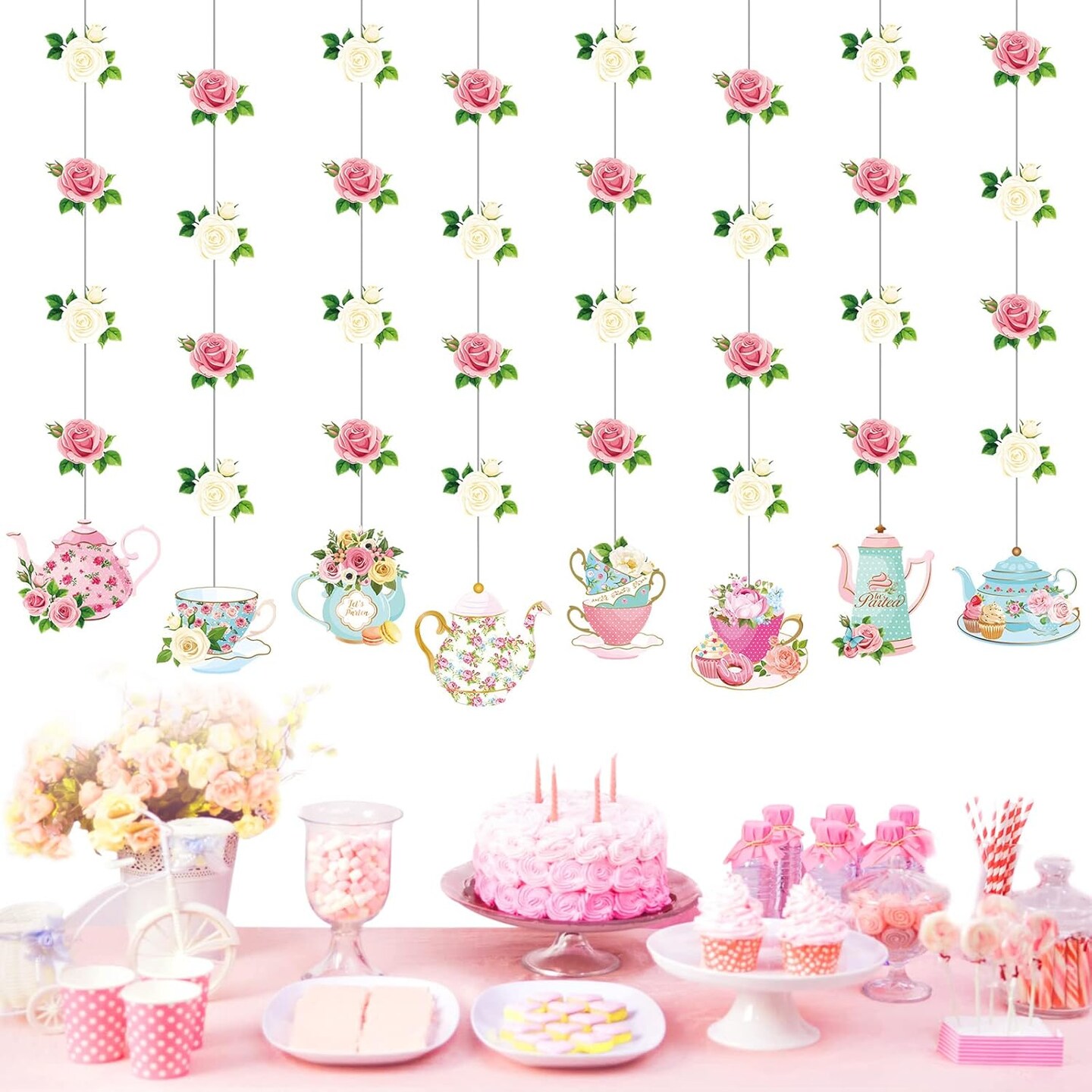 Floral Tea Party Decorations Double Sided Tea Party Hanging Garland ...