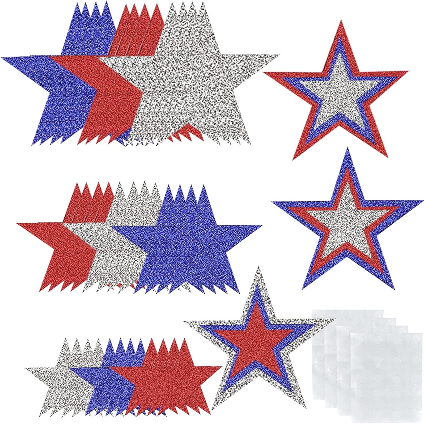 63 Pieces Patriotic Star Cutouts Red White and Blue Glitter Star Paper ...