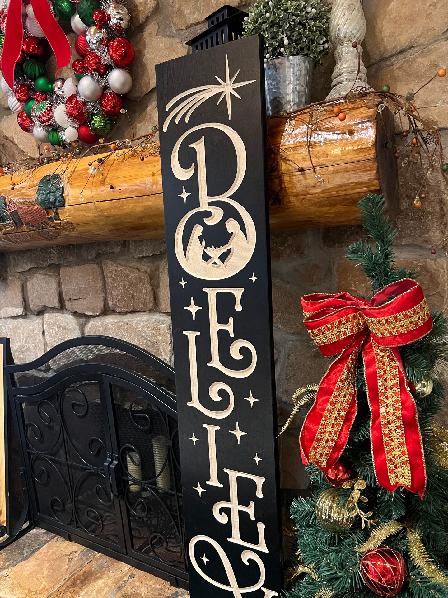 Believe with Manger Porch Sign, Christmas Porch Sign, Manger Scene ...