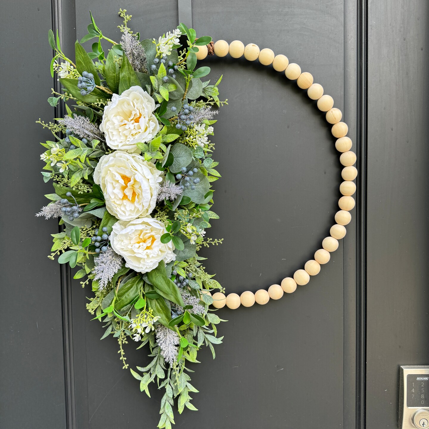 Wood Bead Hoop Wreath with Peonies and Blueberries, Year Round Peony ...