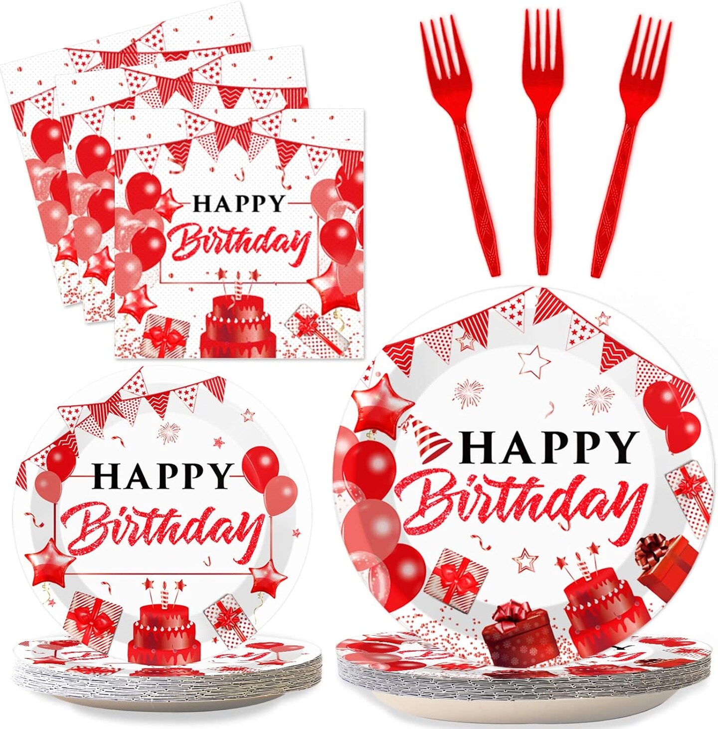 96pcs Red White and Gold Birthday Plates Napkins Forks Party Tableware ...