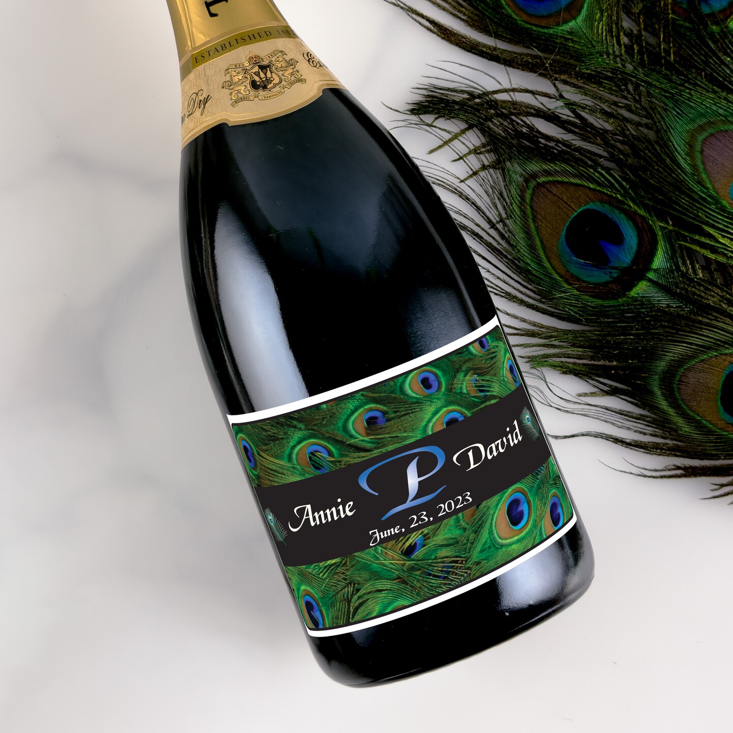 Personalized Peacock Wedding Labels for Champagne, Wine, Beer, and Mini ...