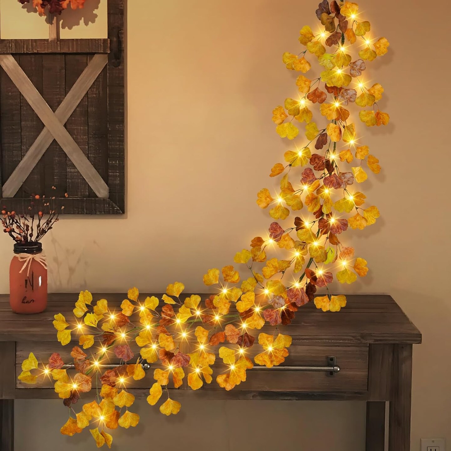 Lighted Fall Leaves Garland Autumn Ginkgo Leaf Lights for Indoor ...