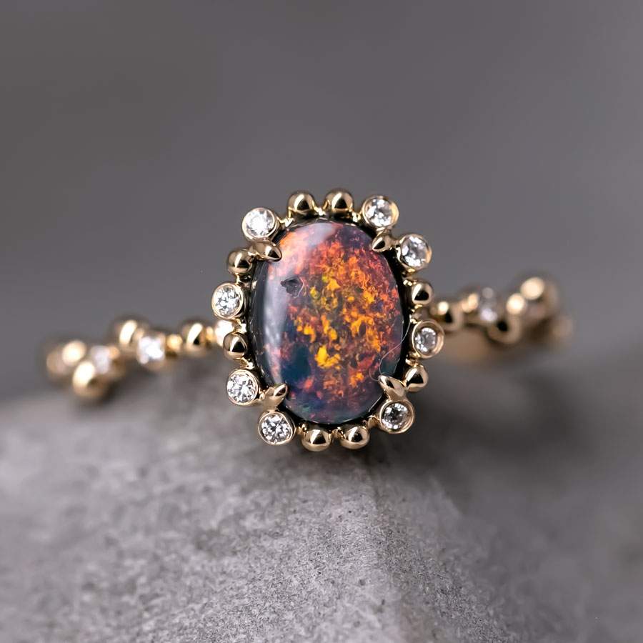 Bubble Tea Design Black Opal Diamond Engagement Ring 18K Yellow Gold ...