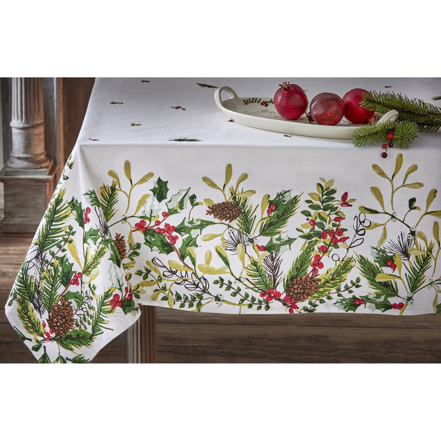 Winter Sprig White Cotton Tablecloth with Pinecone and Holly 84"L x 60 ...