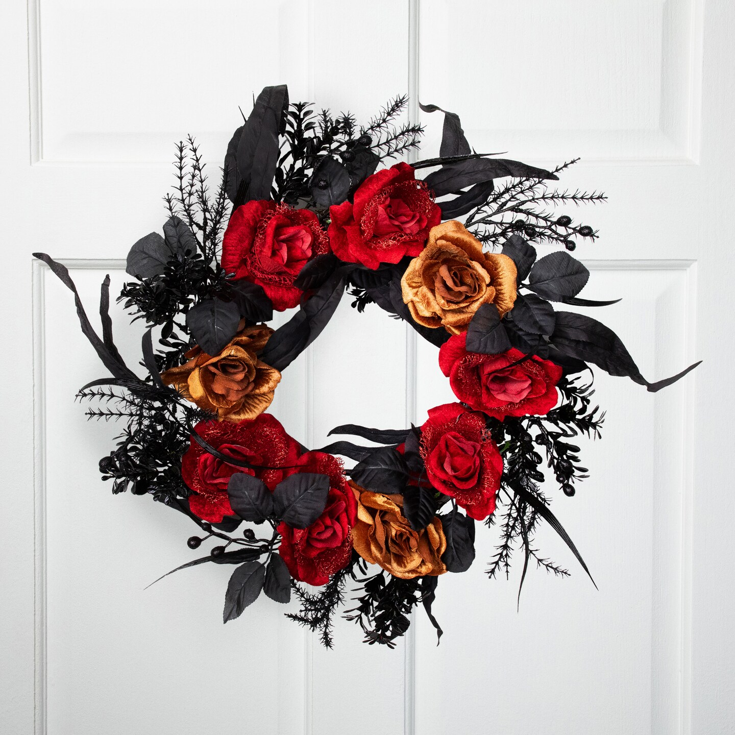 Northlight Roses with Mixed Foliage Halloween Wreath - 22" - Red and ...