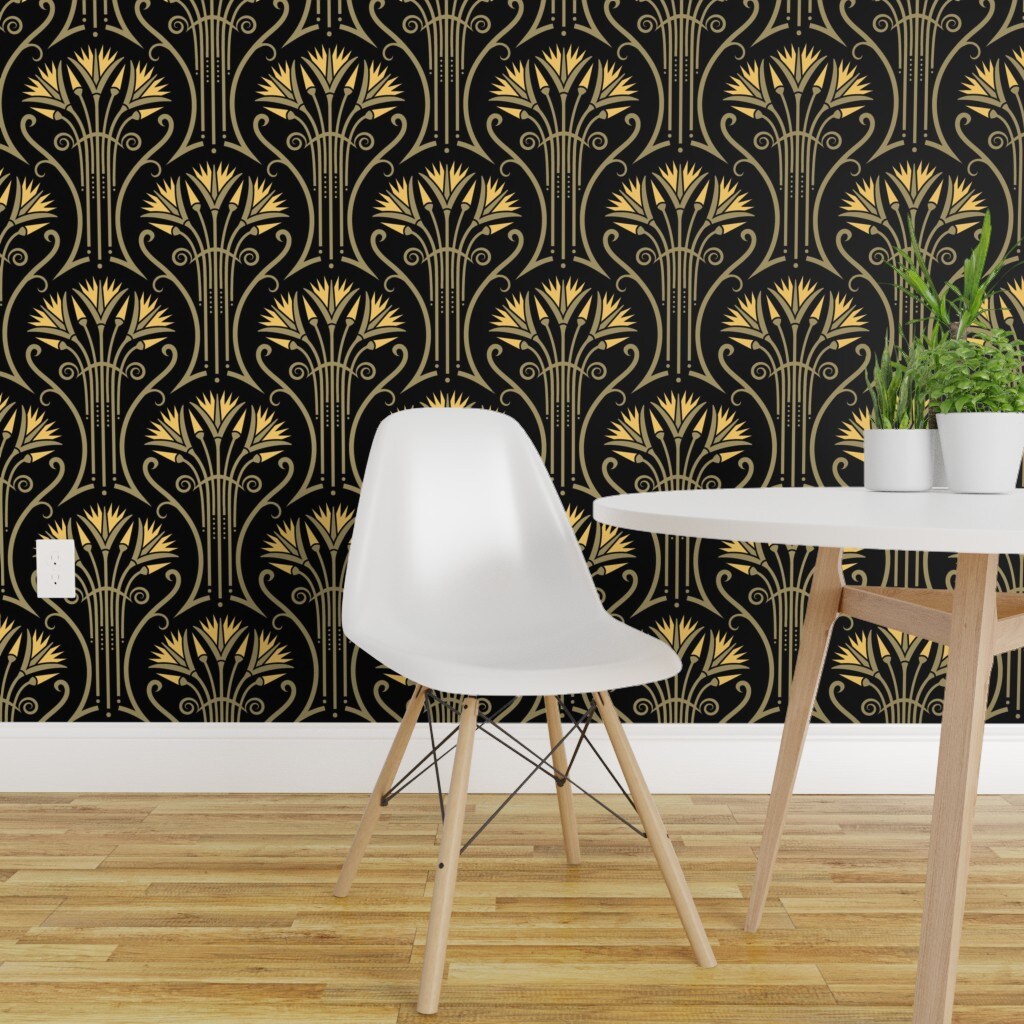 Pre-Pasted Wallpaper 2FT Wide Floral Damask Black Yellow Abstract ...