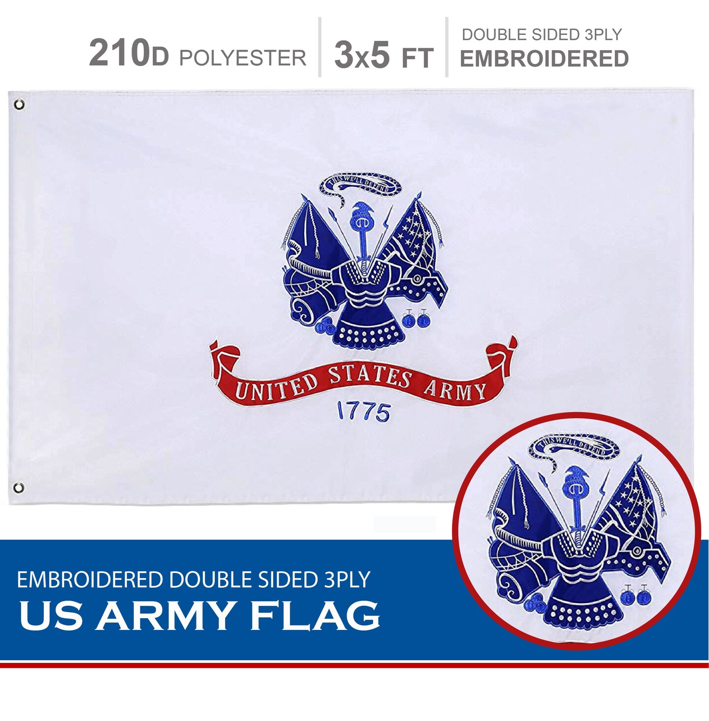 US Army Flag 210D Embroidered Polyester 3x5 Ft - Double Sided 3ply ...