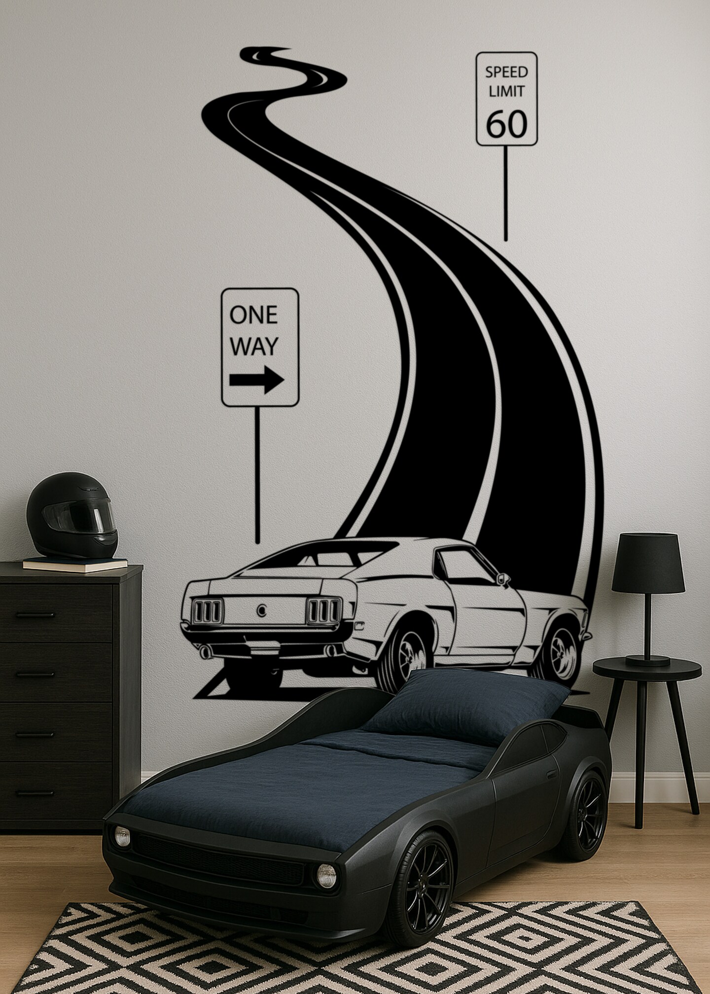 Muscle Car Wall Decal, Classic Car Road Sign Vinyl Sticker for Teen ...