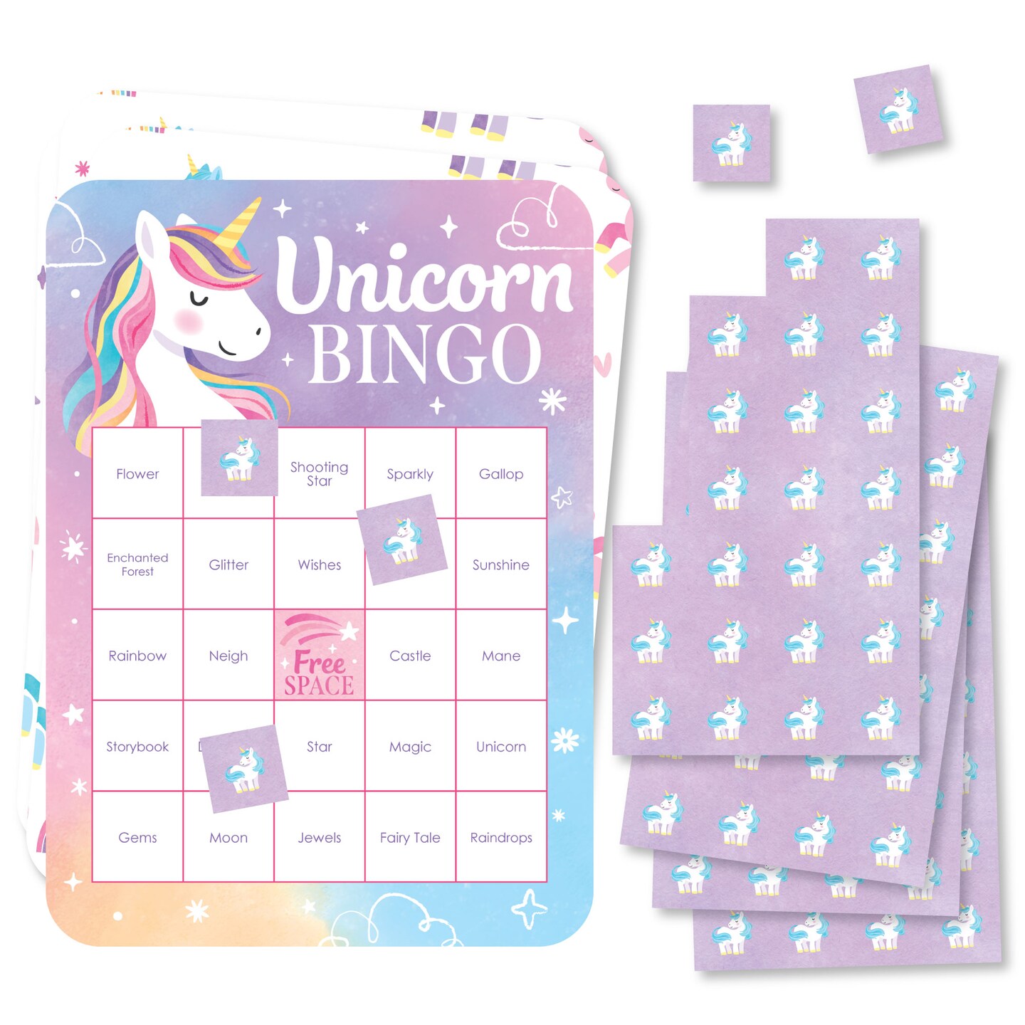 Big Dot of Happiness Unicorn Bingo Cards and Markers, Rainbow Unicorn ...