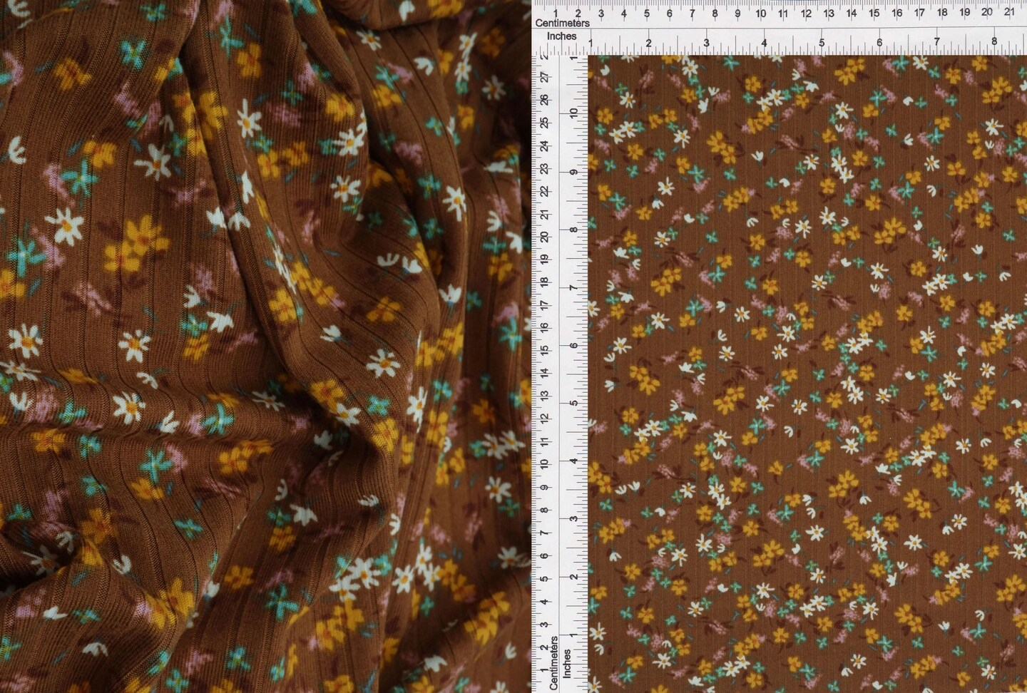 1 Yard Brown 8X3 Yummy Rib Ditsy Floral Flower Stretch Knit Fabric 58/ ...