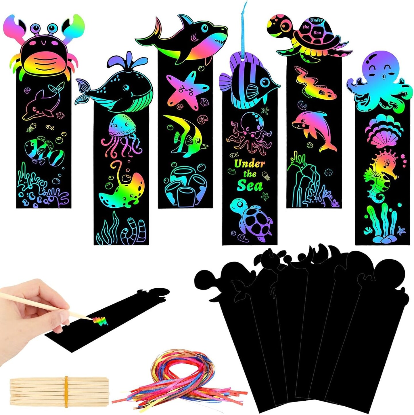 96Pcs Ocean Crafts, Magic Rainbow Scratch Art Ocean Animals Bookmarks ...