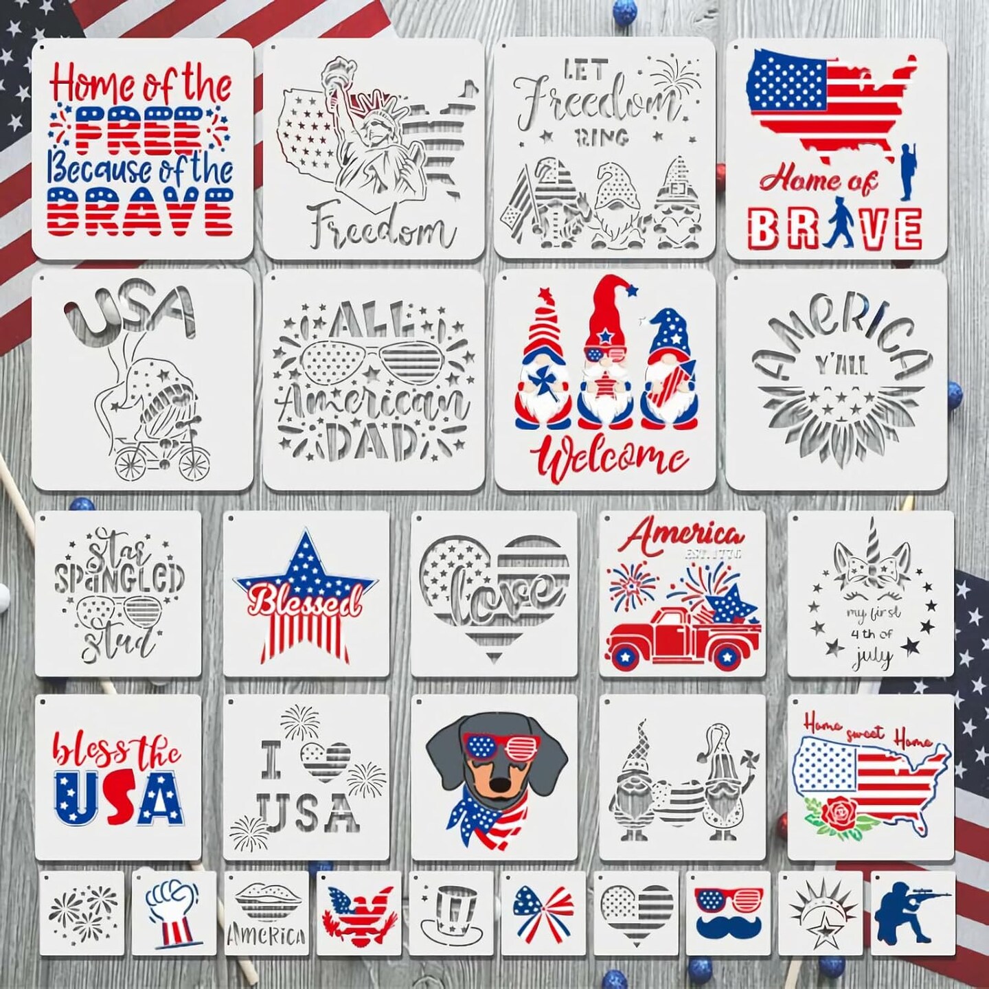 28-Piece Patriotic Stencil Set for Painting – Multi-Size (8x8, 6x6, 3x3 ...