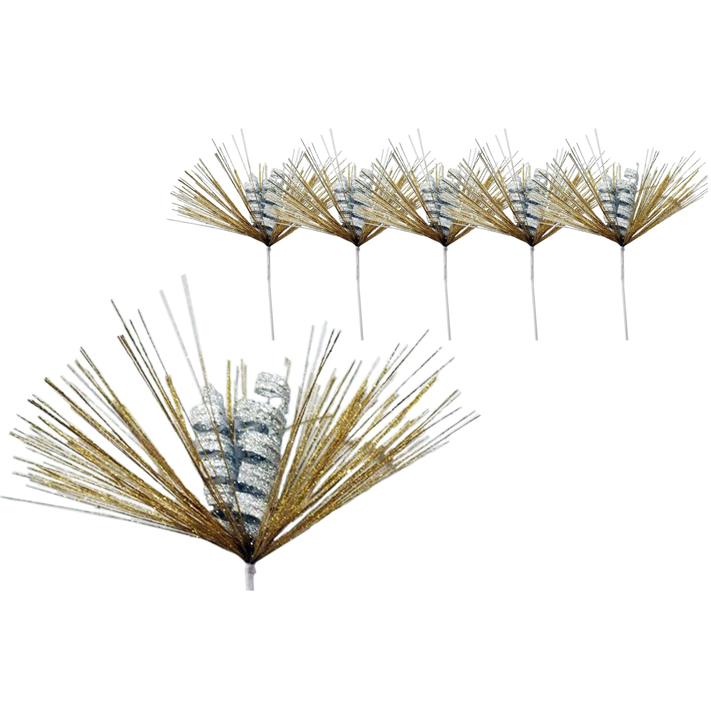 5 Pack of 18" Silver Spray Picks with Gold Spiral Accents and Glitter ...