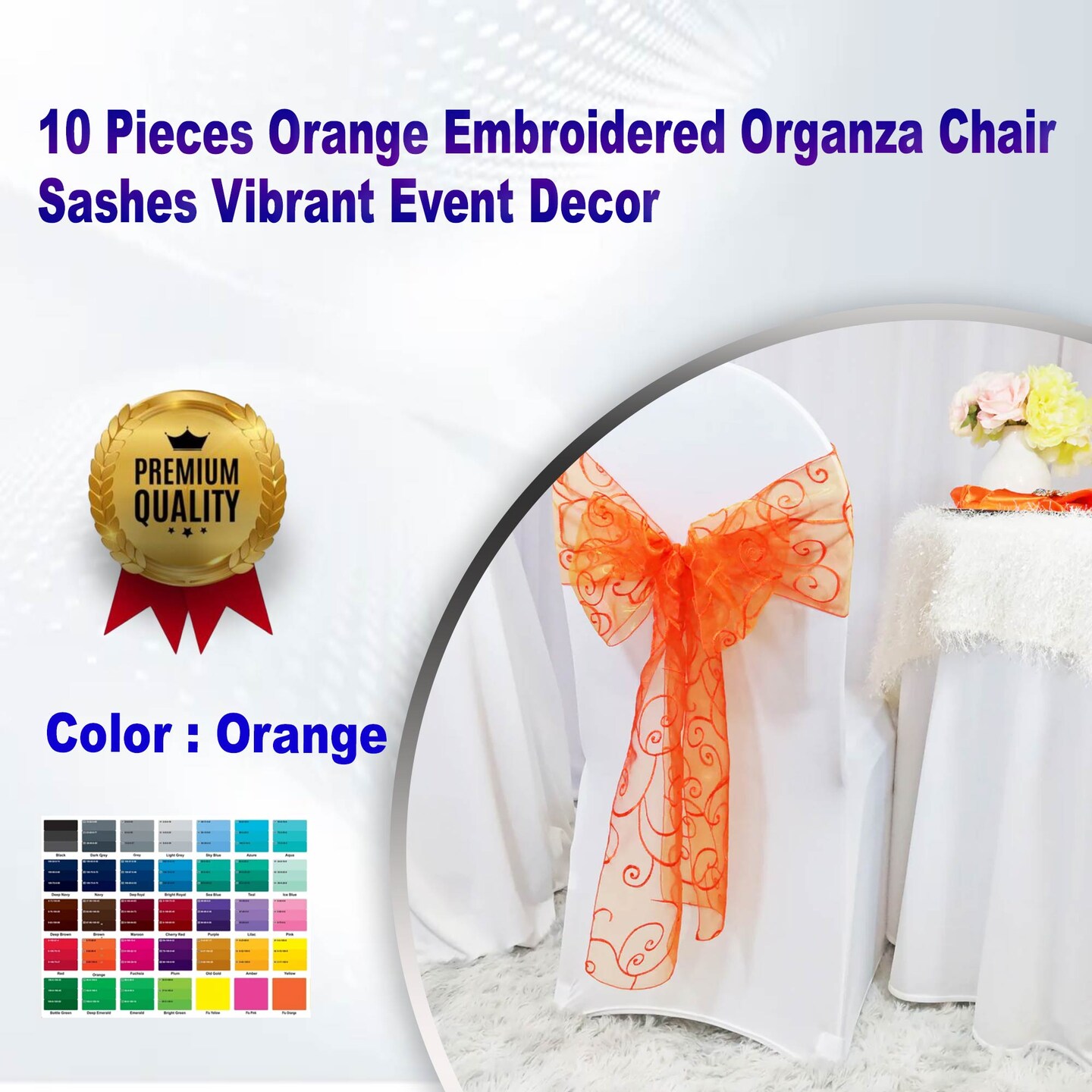 10 Pieces Orange Embroidered Organza Chair Sashes Vibrant Event Decor ...