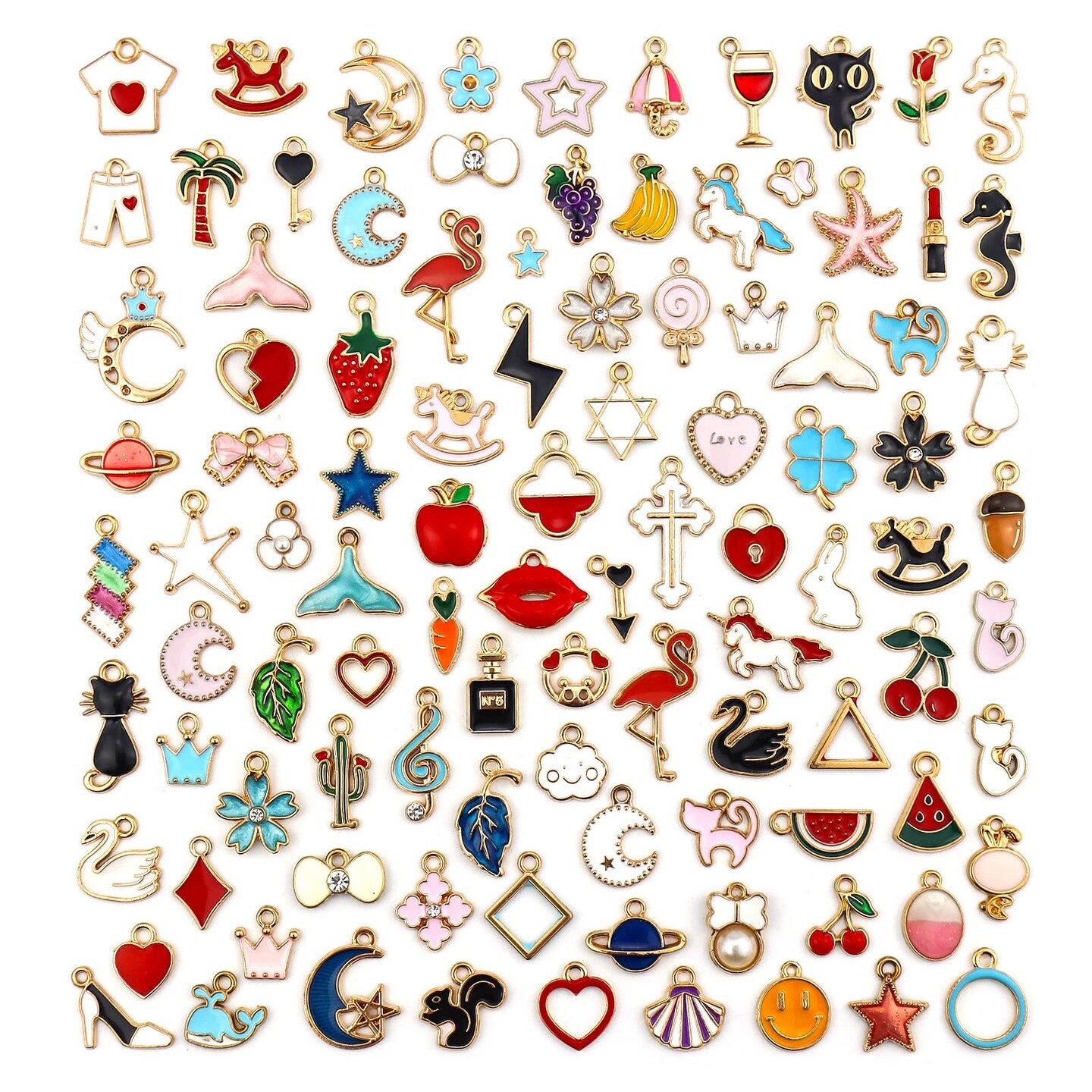 100PCS Gold Plated Enamel Charms Mixed Moon Star Fruit Animal Charm ...