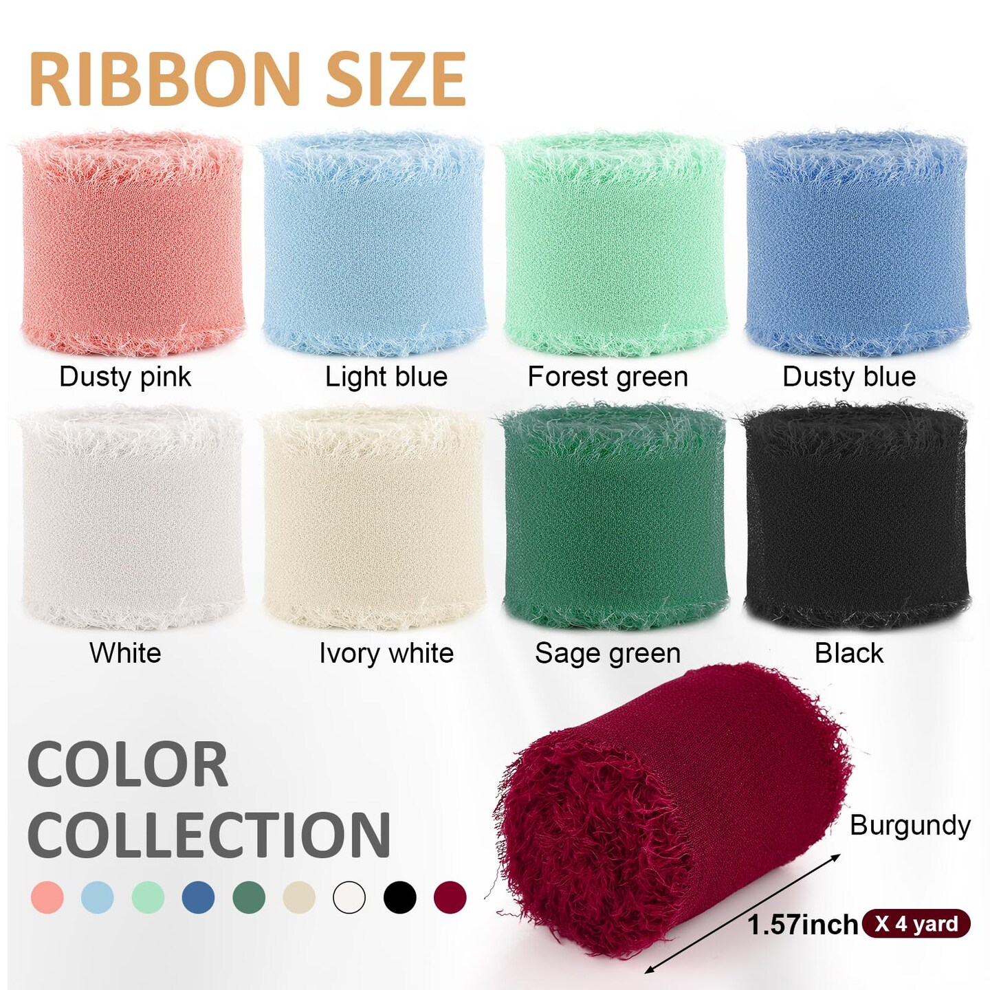 1-1/2 inch x 36 Yard Chiffon Silk Ribbon 9 Colors Ribbons Set 4 Yd x 9 ...