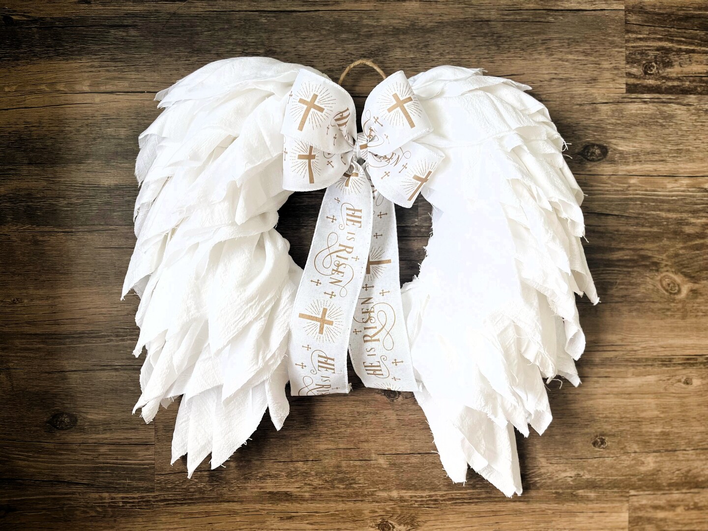 Angel Wings Shabby Chic Rag Wreath He Is Risen Easter Bow Rustic Art ...