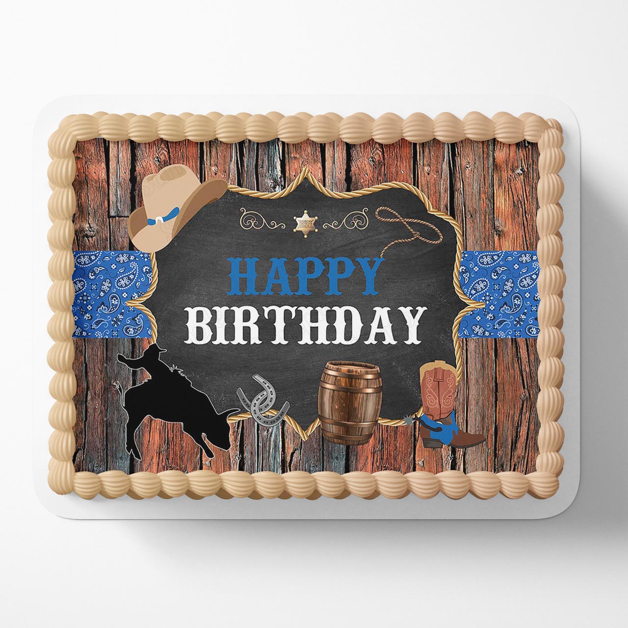 Western Cowboy Rodeo Rustic Wooden Men's Blue Bandana Edible Cake Image ...