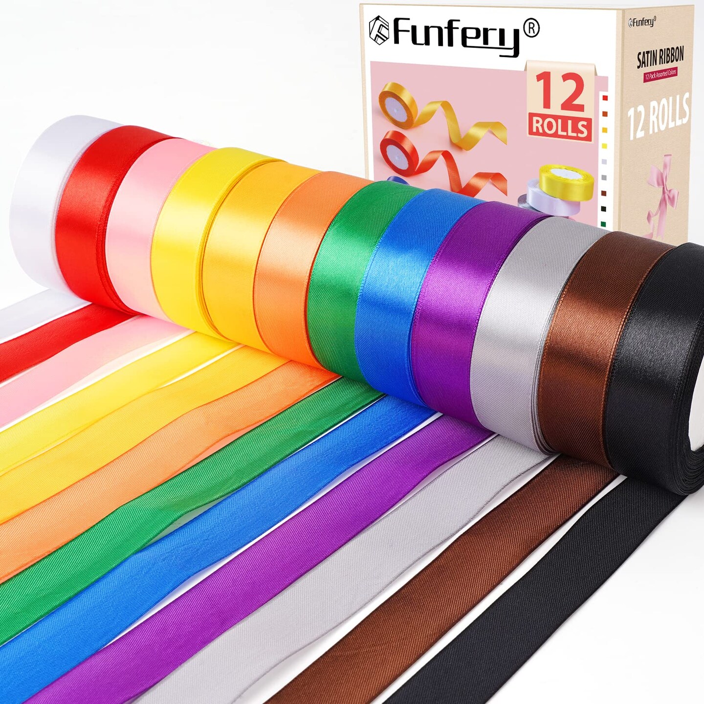 12 Rolls 300 Yards 1 Inch Satin Ribbon Assorted Colors - 25 Yards/Roll ...
