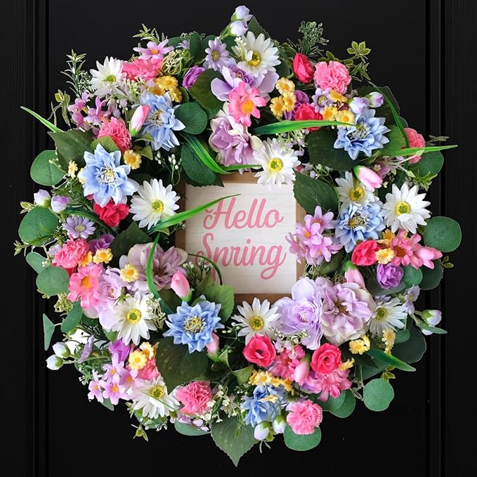 20" Spring/Summer Wreaths for Front Door, Artificial Floral Wreath with ...