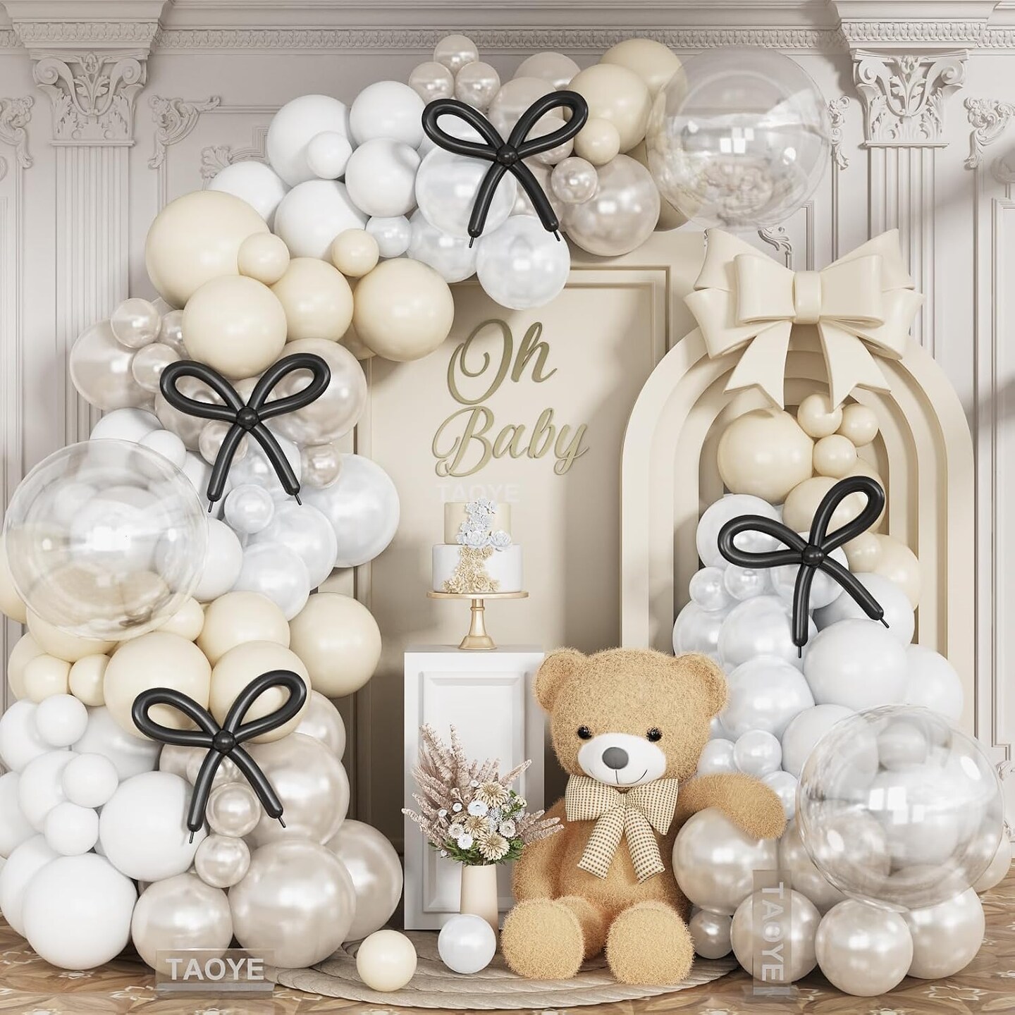 Pearl White Balloon Arch Kit, 117PCS Bow Long Balloons and Pearl Sand White Ivory Matte White ...