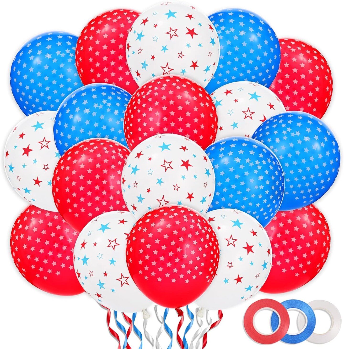 60Pcs 4th of July Balloons Set with 3 Rolls Ribbon Star Latex Balloons ...
