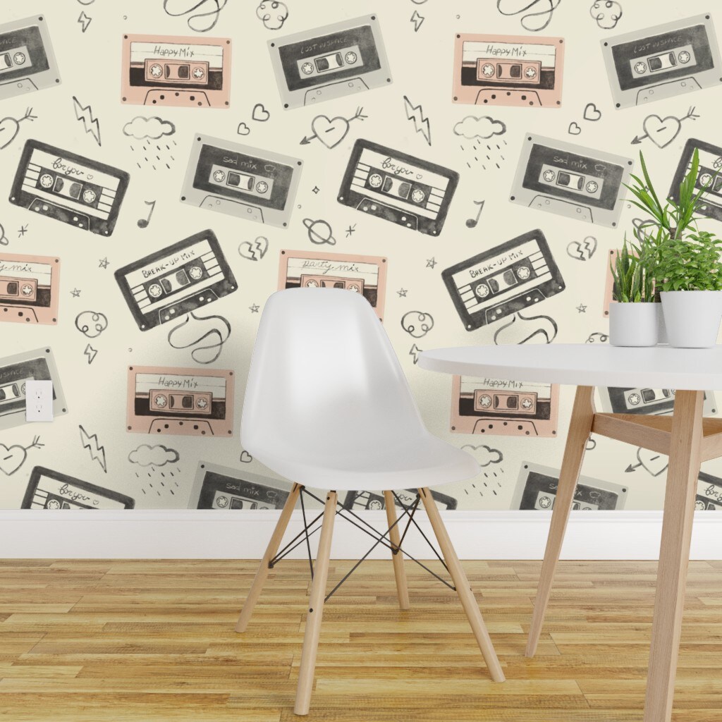 Pre-Pasted Wallpaper 2FT Wide Watercolor Vintage Retro Cassette Tape ...
