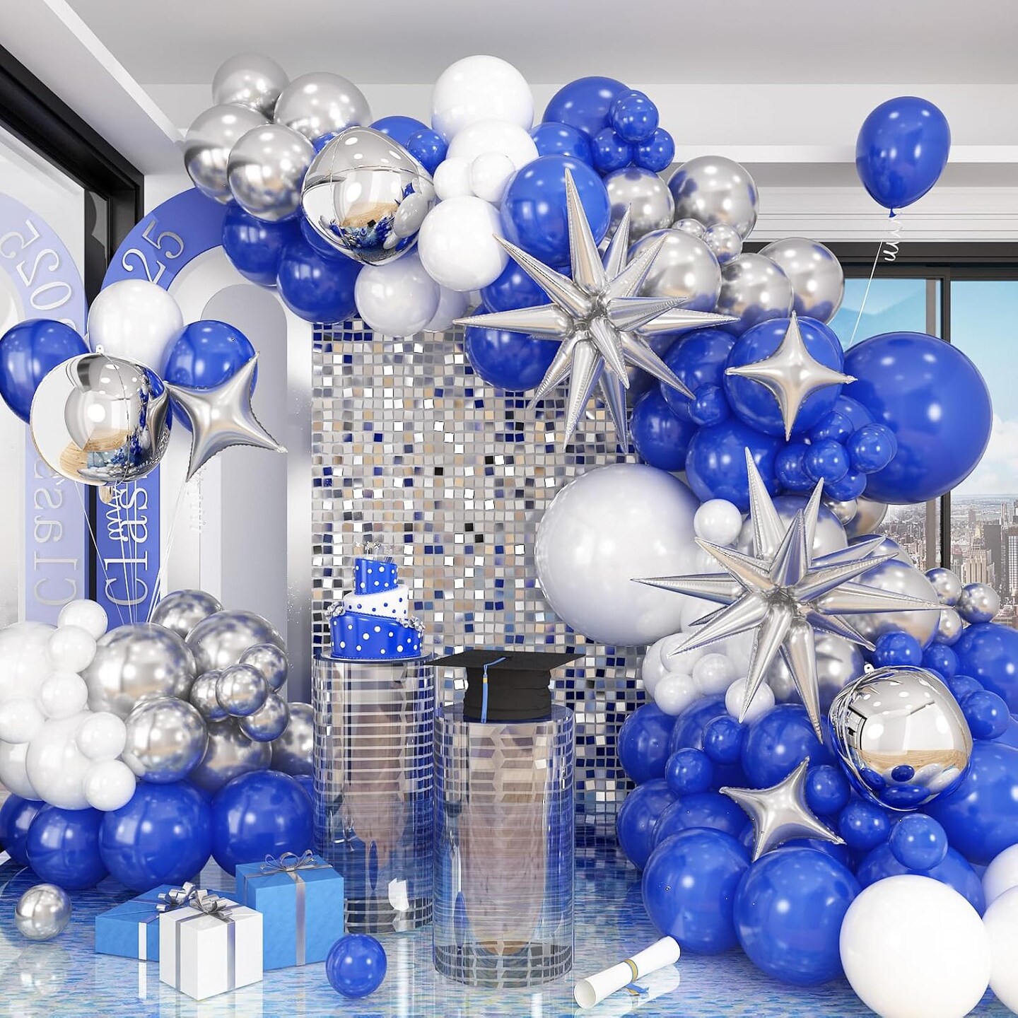Blue White Silver Balloon Arch Kit with Explosion Star 4D Silver Foil ...