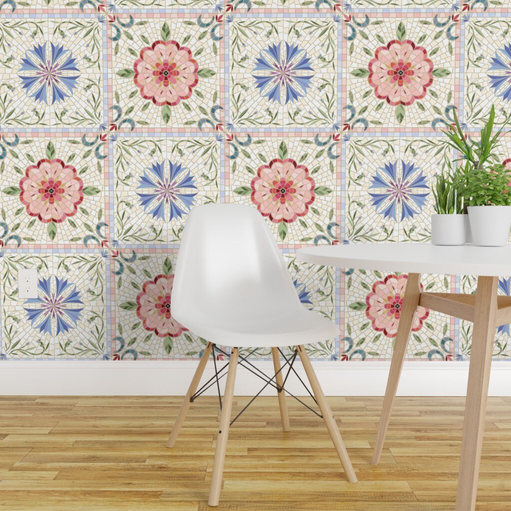 Pre-Pasted Wallpaper 2FT Wide Cottagecore Faux Tile Floral Botanical ...