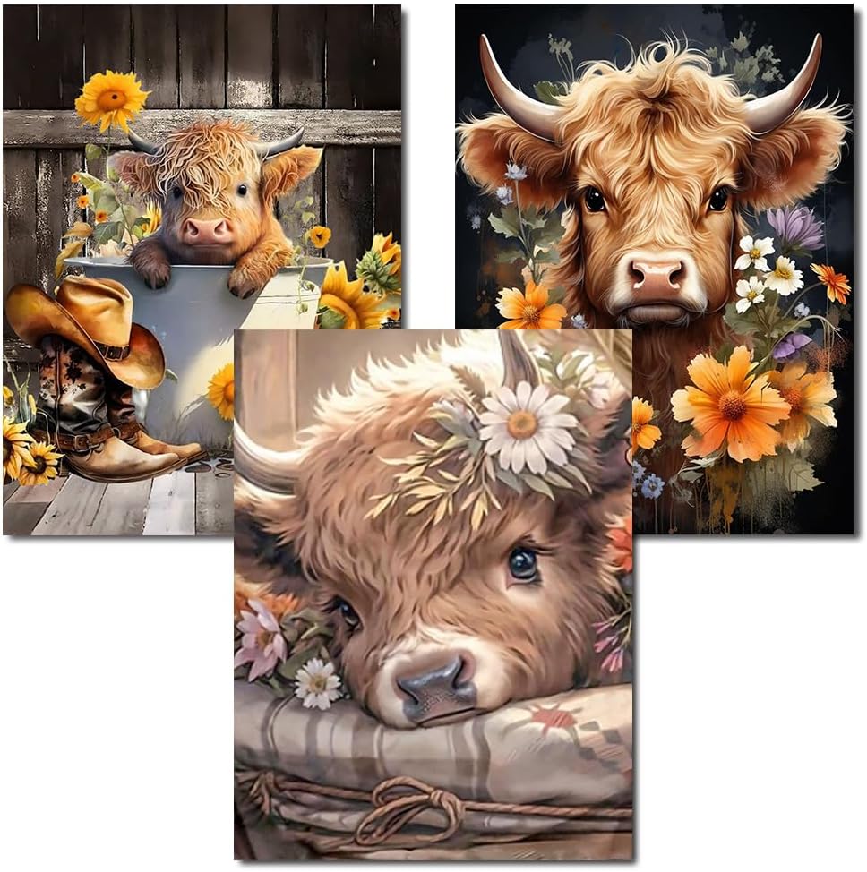 3-Pack Highland Cow Diamond Painting Kits for Adults – 5D Round Full ...
