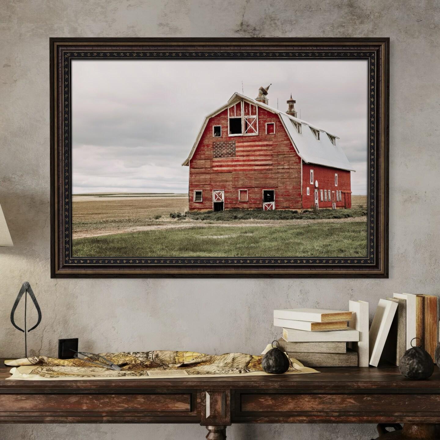 Framed American Flag Print - Patriotic Old Red Barn and USA Flag in ...