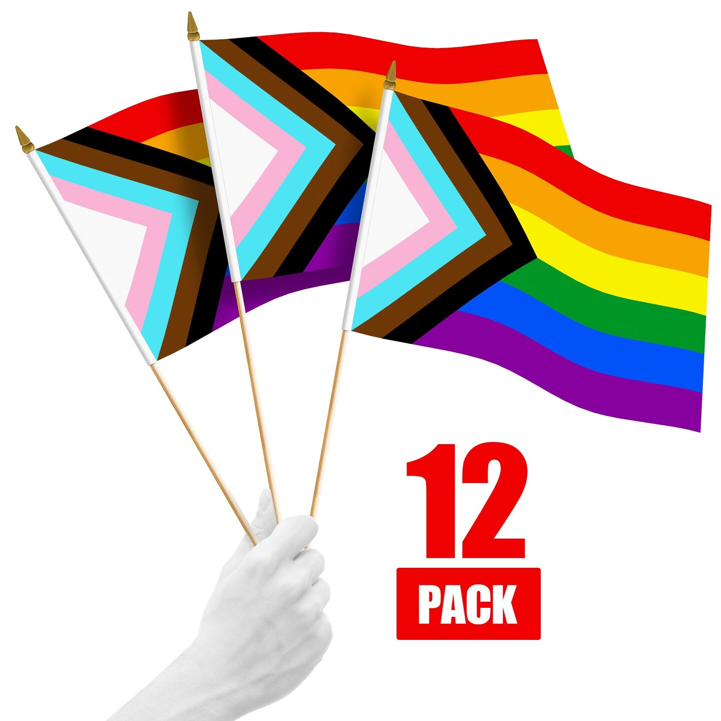 G128 12 Pack Handheld LGBT Progress Rainbow Pride Stick Flags | 12x18 In | Printed 150D ...