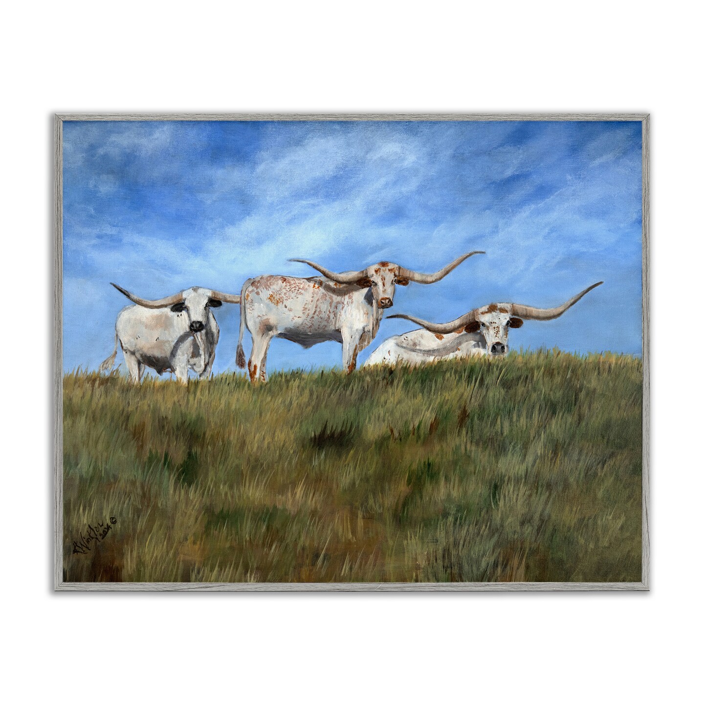 Stupell Industries White Longhorns over Hill Framed Giclee By Kathy ...