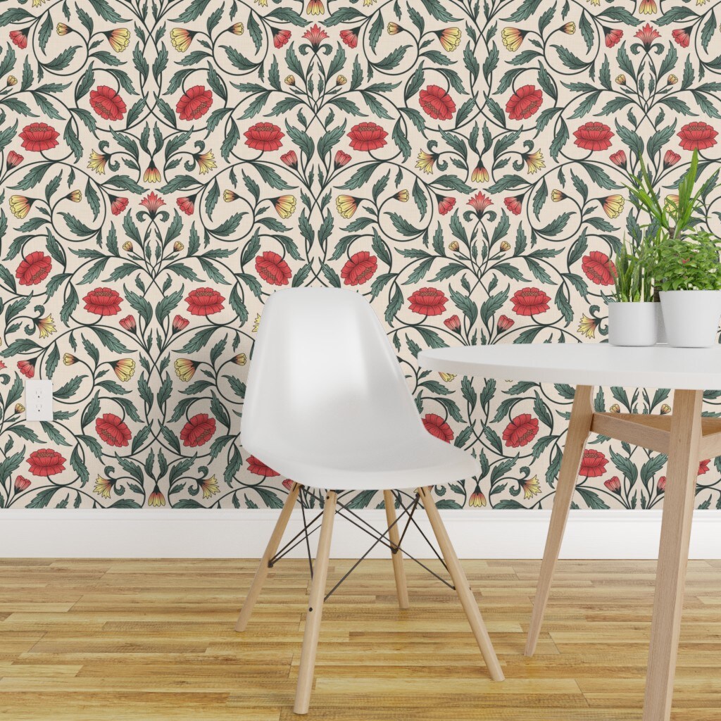 Pre-Pasted Wallpaper 2FT Wide Art Nouveau Hand Drawn Floral Garden ...
