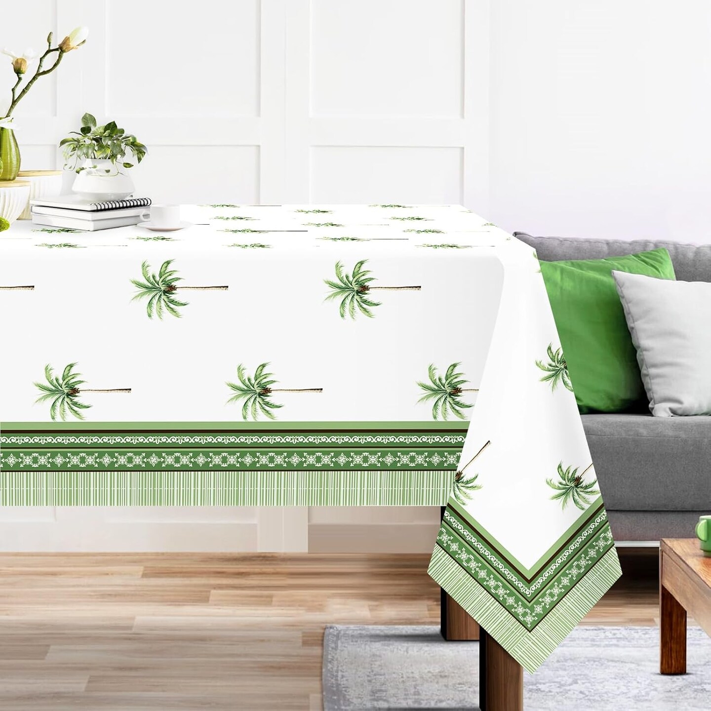 Tropical Palm Tree Tablecloth Summer Plants Bordered Vintage Rectangle ...