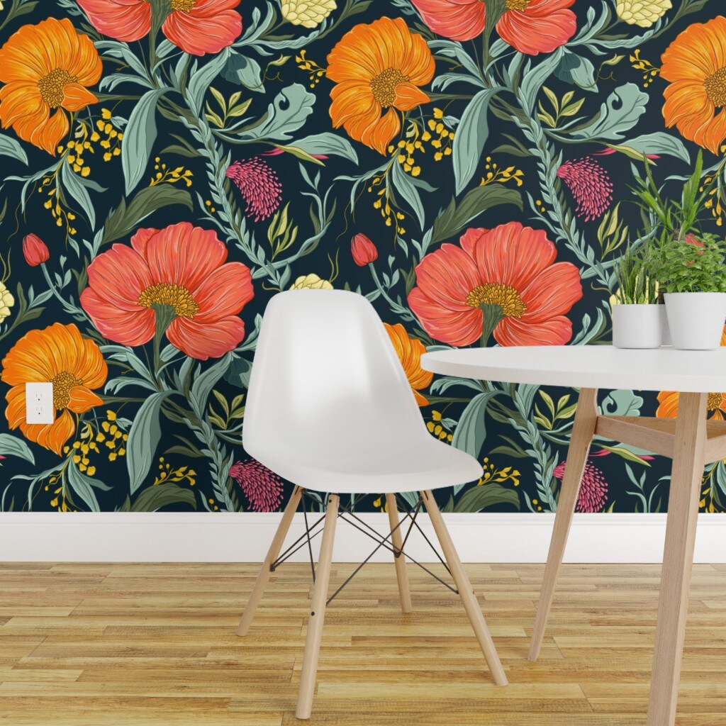 Pre-Pasted Wallpaper 2FT Wide Whimsical Floral Bold Hand Drawn ...