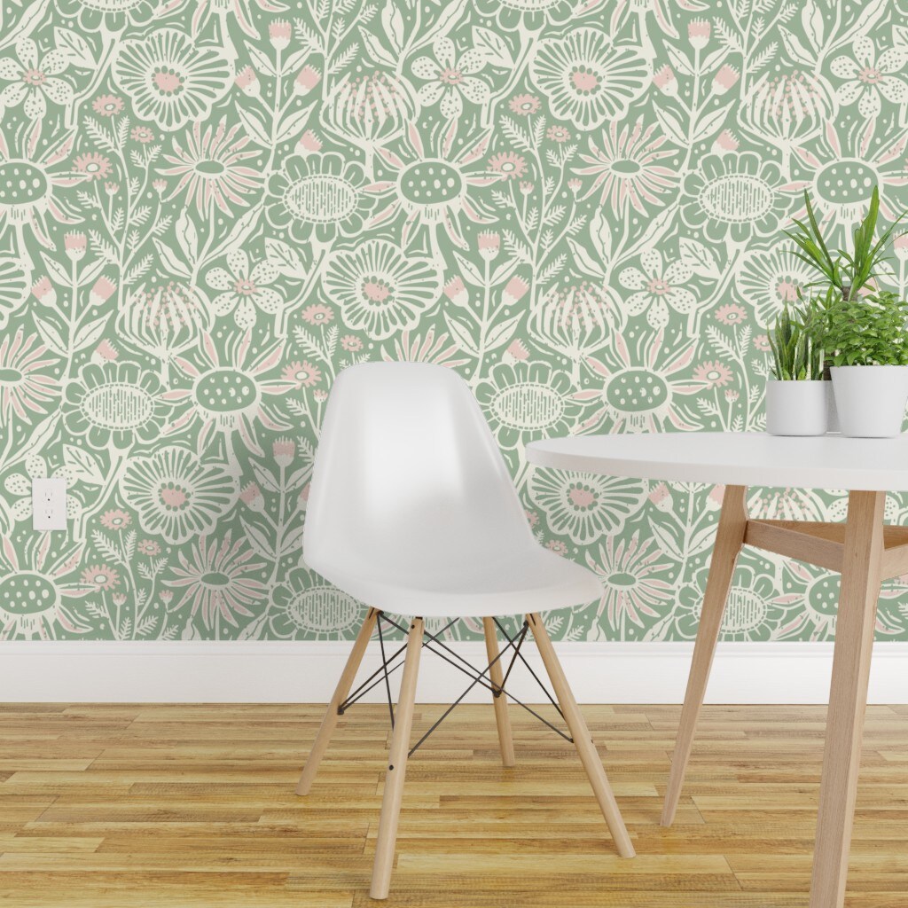 Peel & Stick Wallpaper 2FT Wide Green Floral Pink Botanical Summer ...