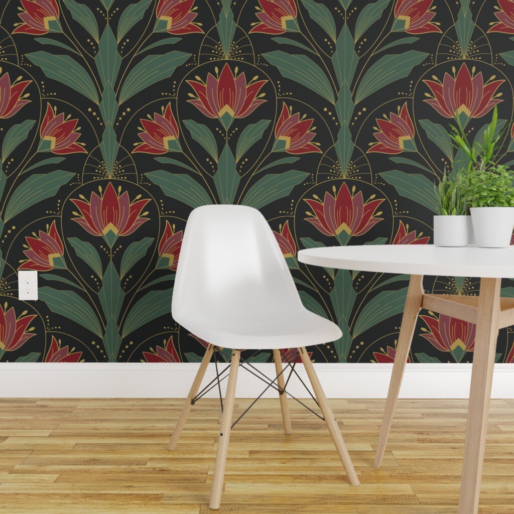 Pre-Pasted Wallpaper 2FT Wide Art Deco Floral Red Green Botanical Bold ...