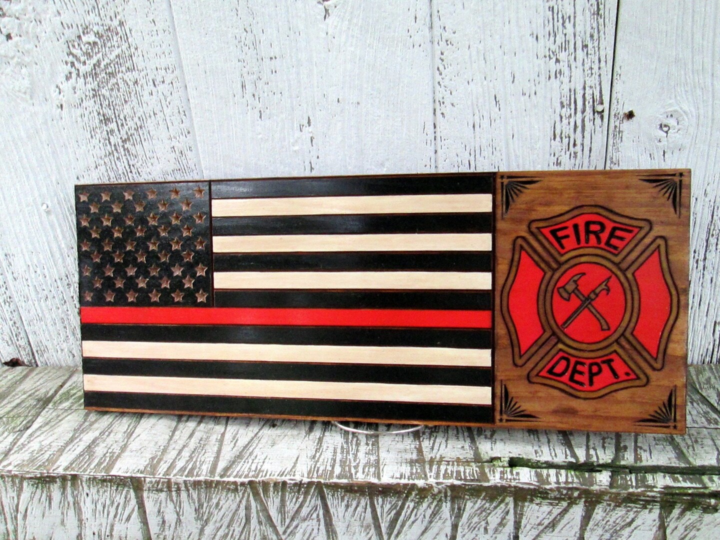 Red Line Firefighter's Flag Sign with Maltese Cross, Custom Carved Wood ...