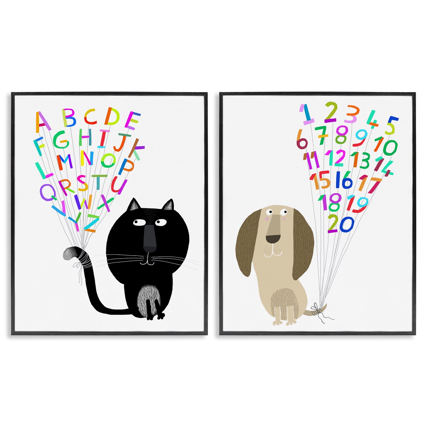 Stupell Industries Cat Dog Alphabet Numbers 2 pc Framed Giclee Wall Art ...