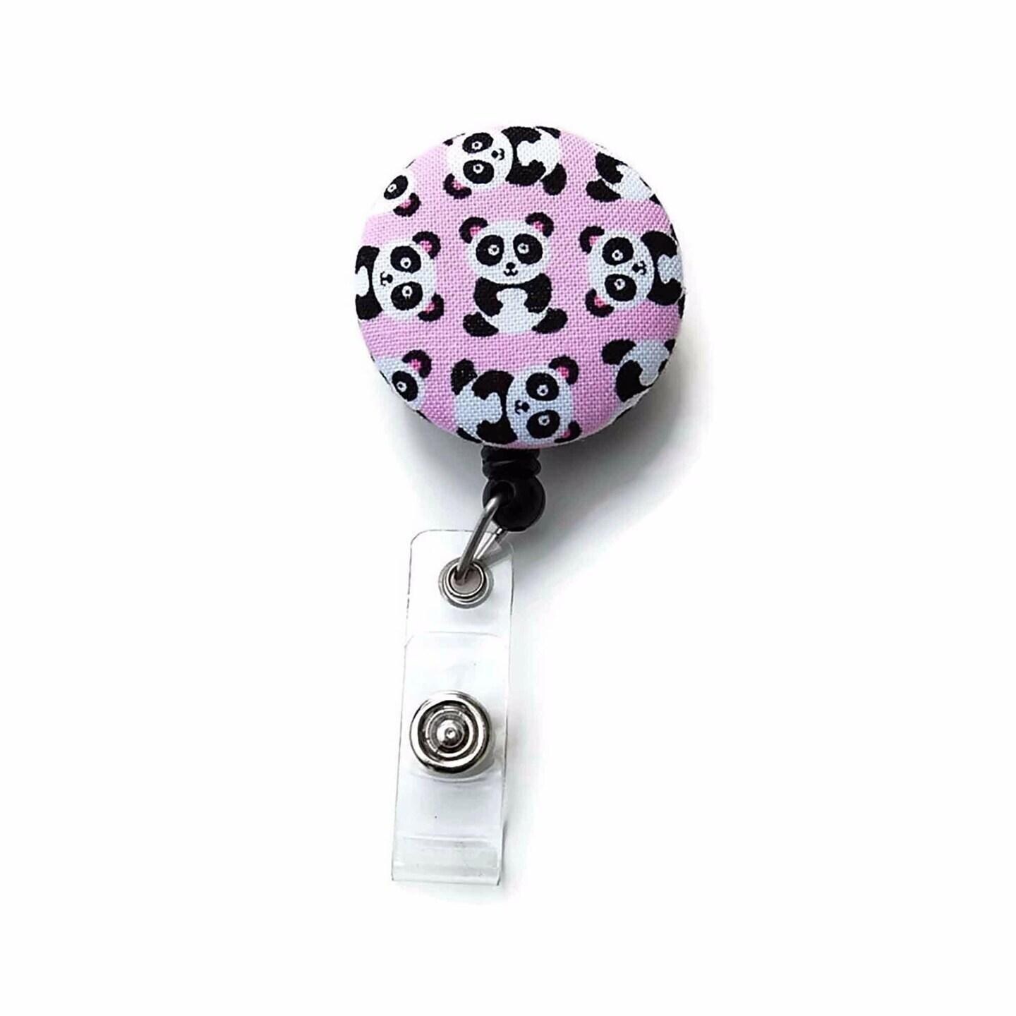 Panda Bear Badge Reel - Retractable Pink Cover with Choice of Fabric or ...