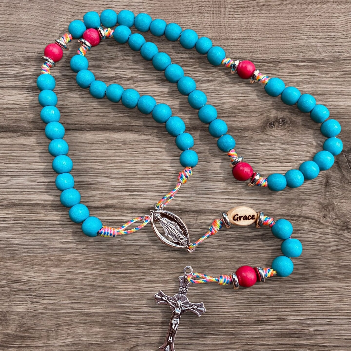 Custom Rosary with Name Youth Rosary Beads for Girls Turquoise an Pink Paracord Rosary for Kids Personalized Rosary for Young Women MakerPlace by