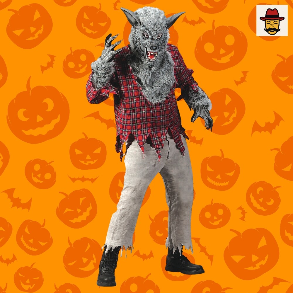 Grey Werewolf Costume with Mask Fur Hands Tattered Shirt Halloween ...