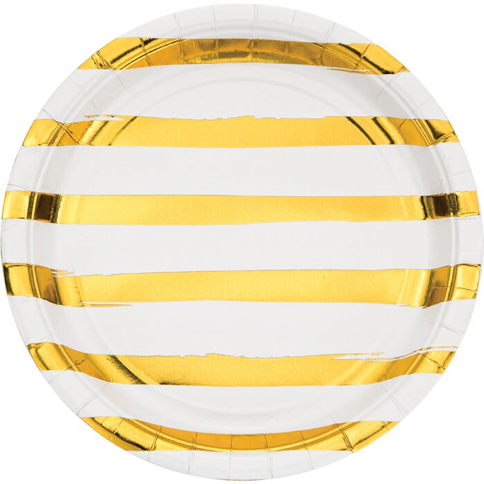 Bulk Pack of 16 White & Gold Foil Striped Paper Plates | Michaels